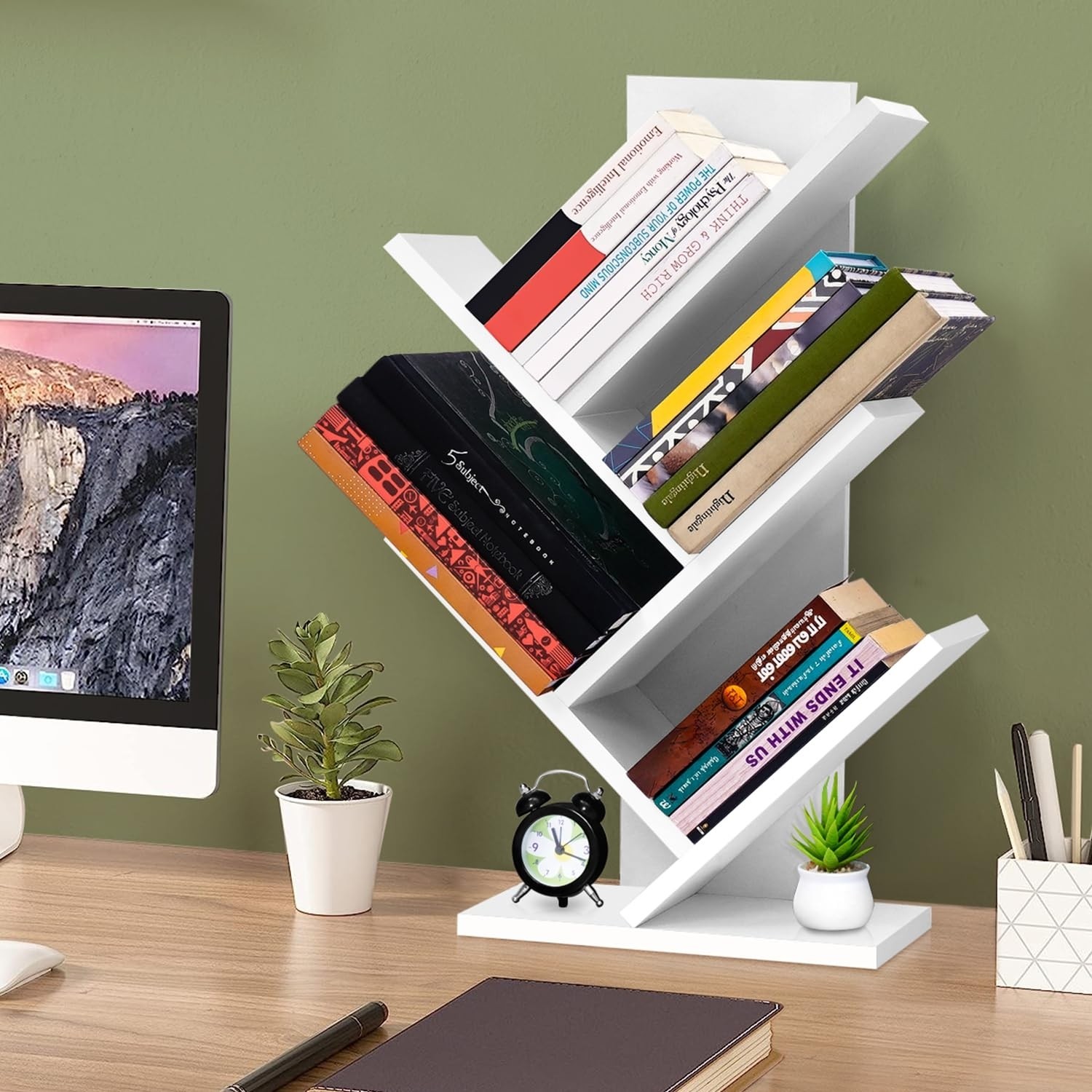 Raft pentru carti design copac - Biblioteca din lemn MDF cu 4 rafturi ...