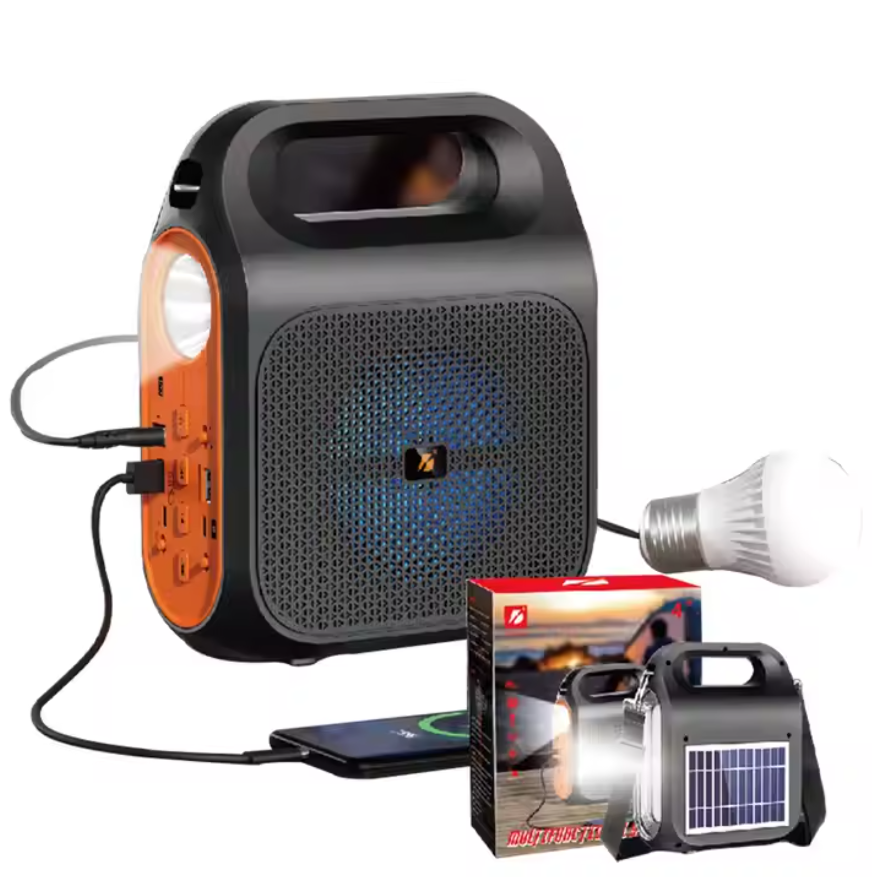 Boxa portabila cu panou solar, lanterna, bec si USB pentru incarcare ...