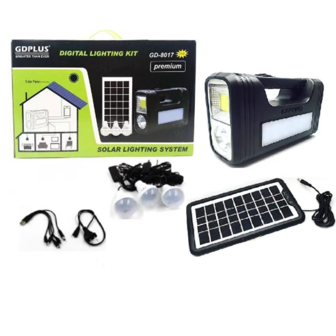 Set cu panou solar, lanterna, 3 becuri, USB, GDLite GD-8017 Smart la ...